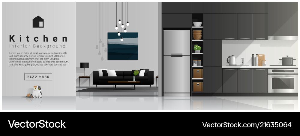 House interior scene with kitchen and living room Vector Image
