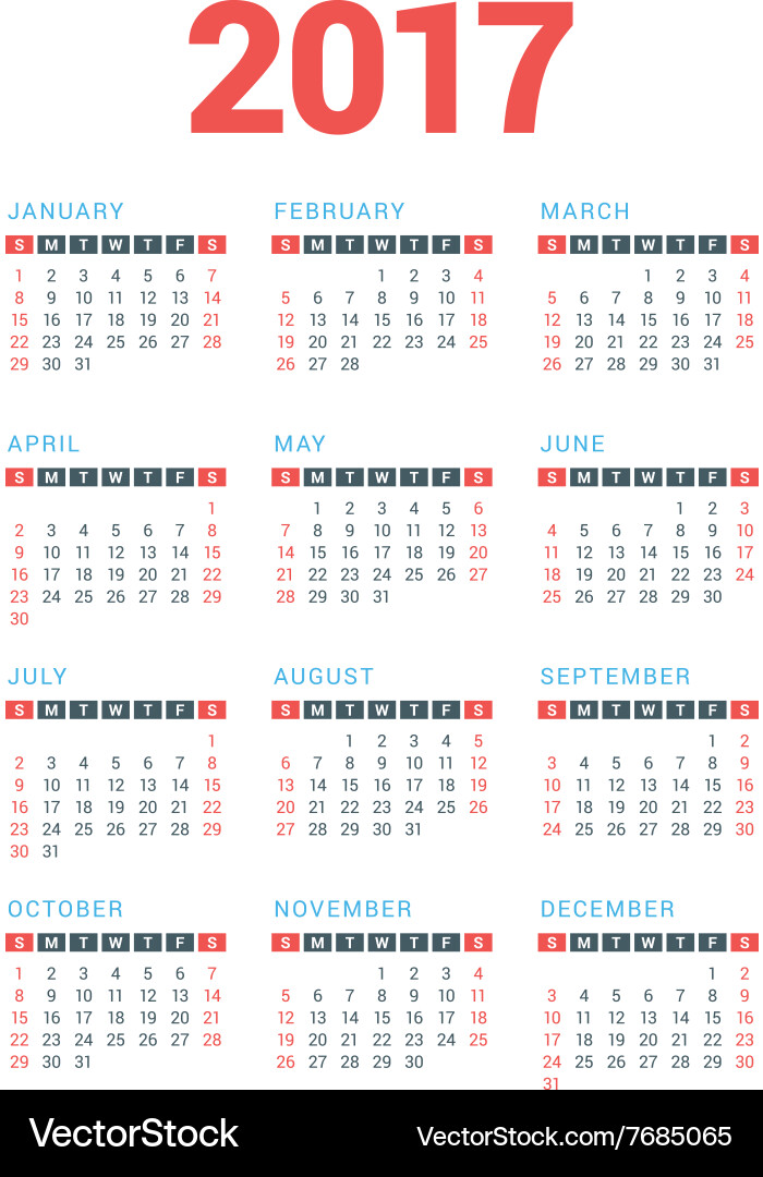2017 Calendar - Week Starts Sunday Royalty Free Vector Image