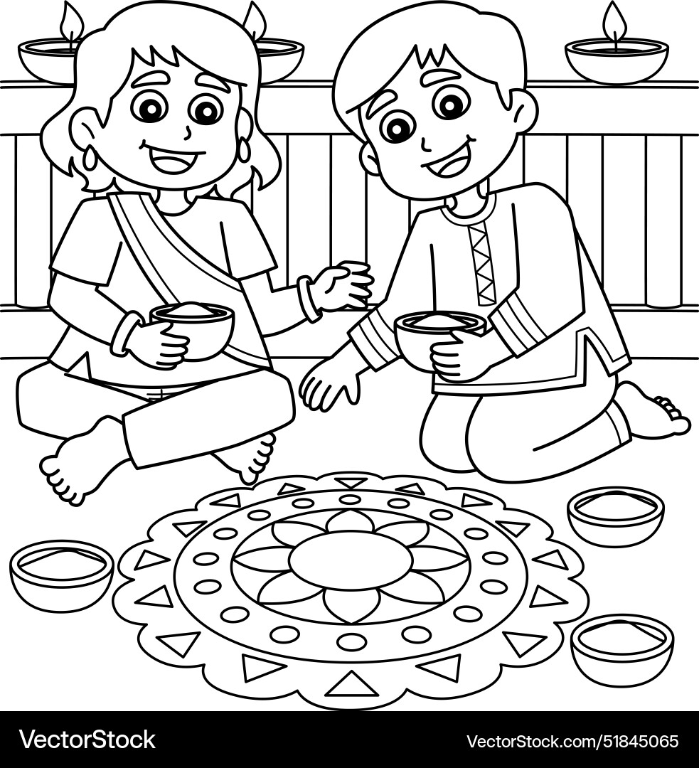 Diwali festival kids making a rangoli coloring Vector Image
