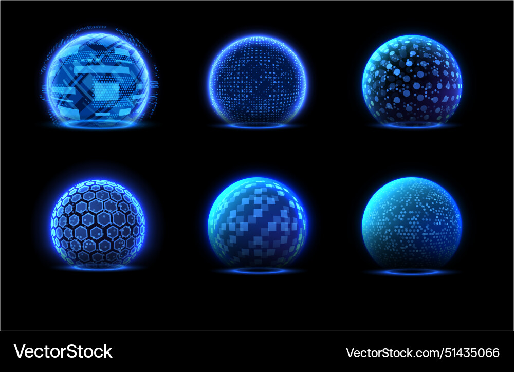 Set of blue glowing sphere shields with different Vector Image