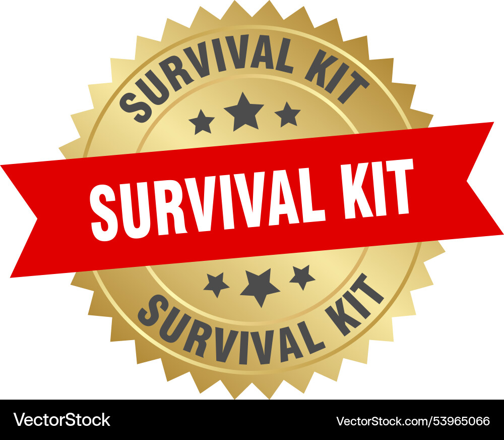 Survival kit round red and gold Royalty Free Vector Image