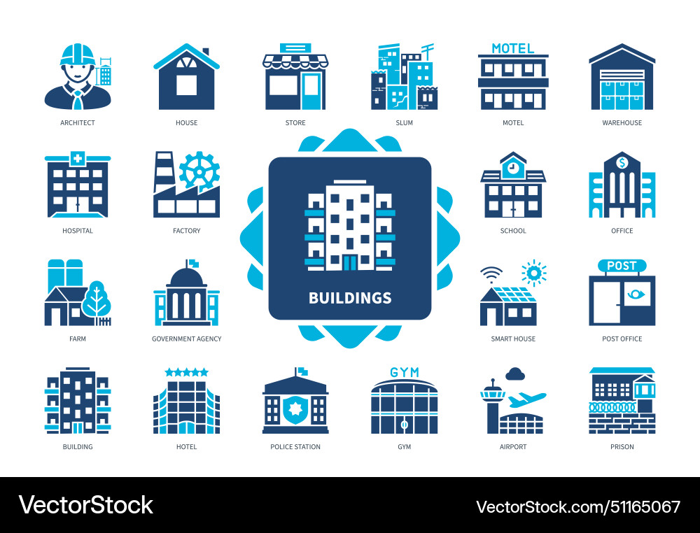 Buildings solid icon set Royalty Free Vector Image