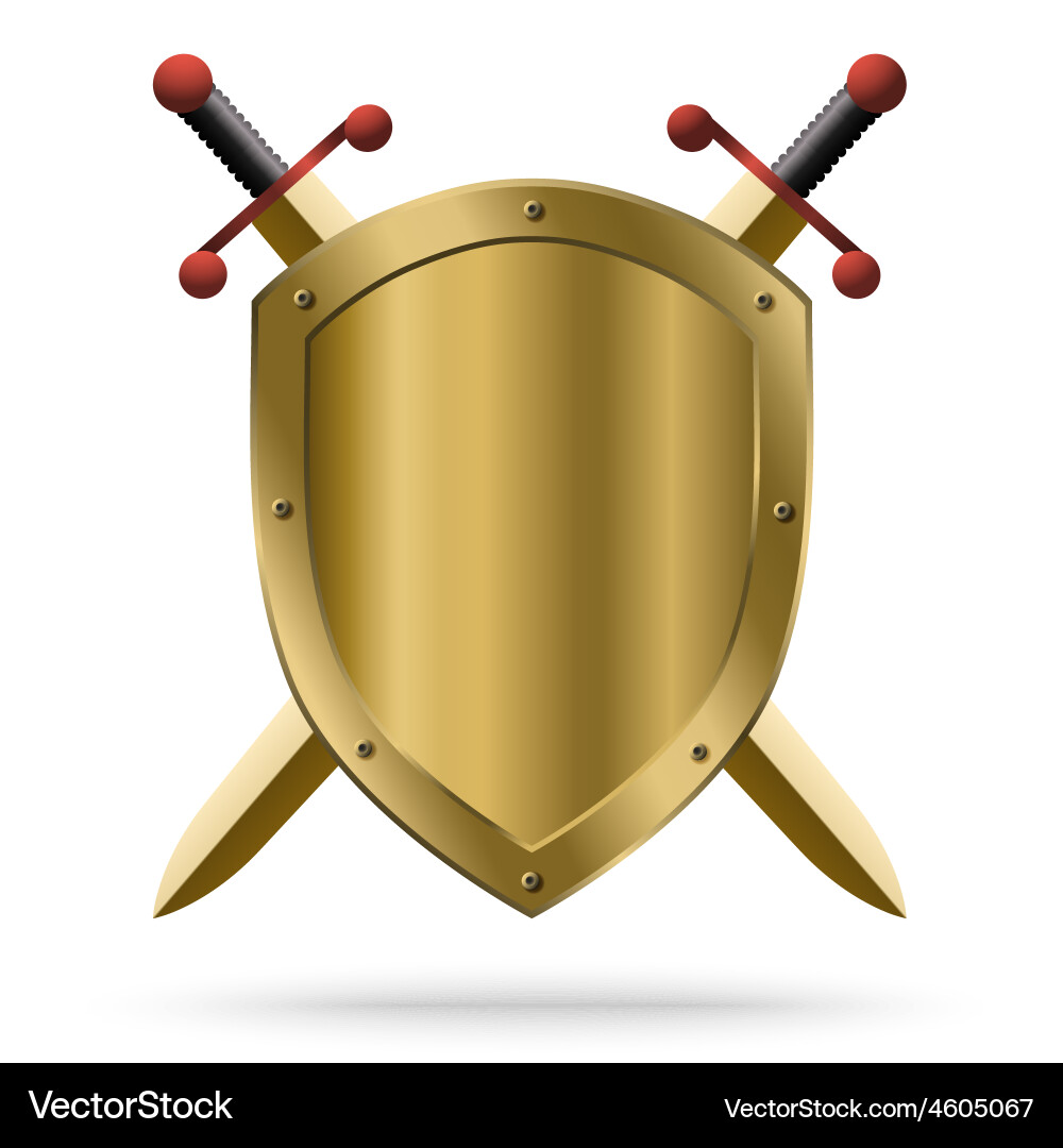 Double-edged golden swords and medieval shield Vector Image