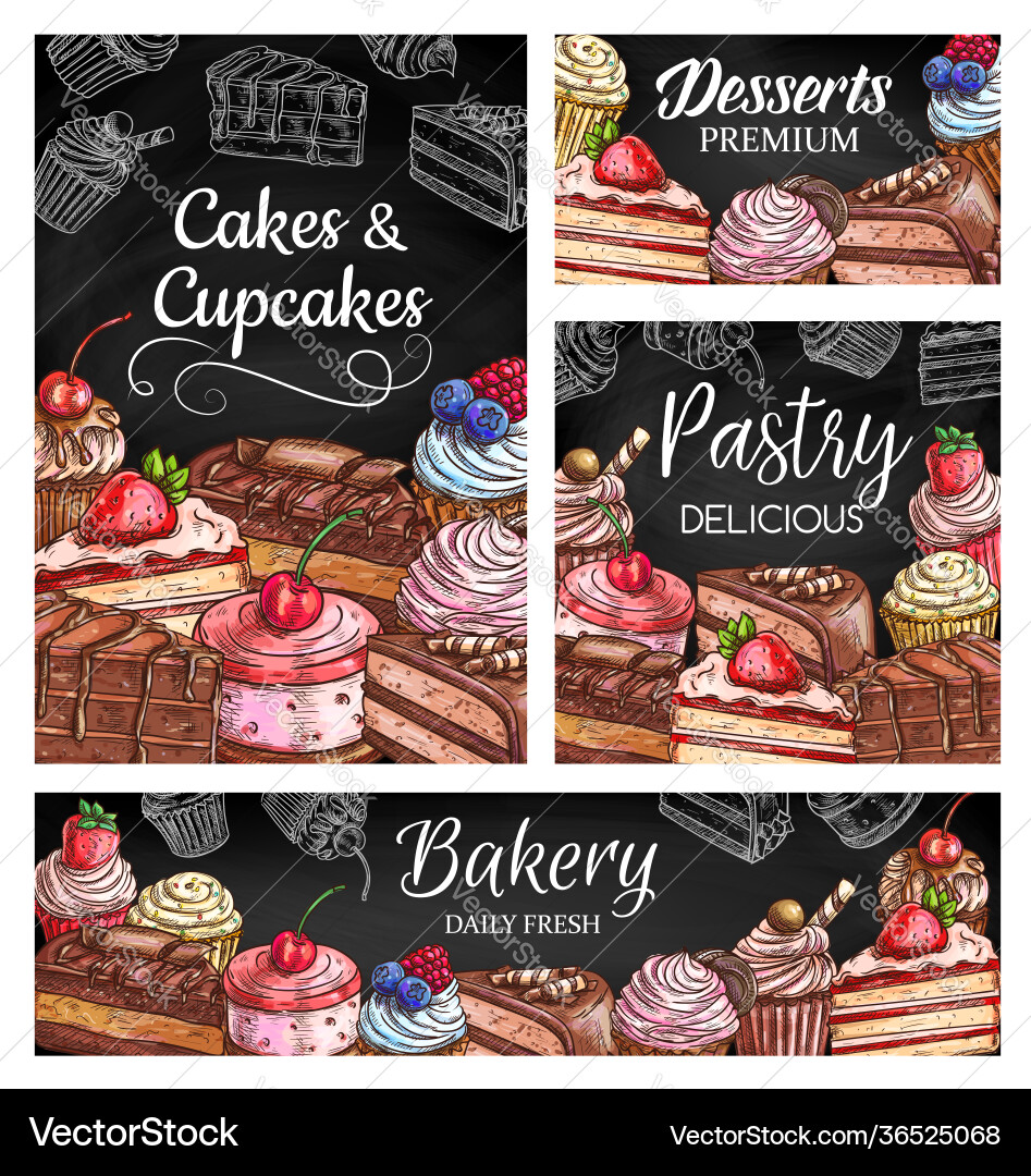 Cakes and cupcakes pastry desserts bakery Vector Image
