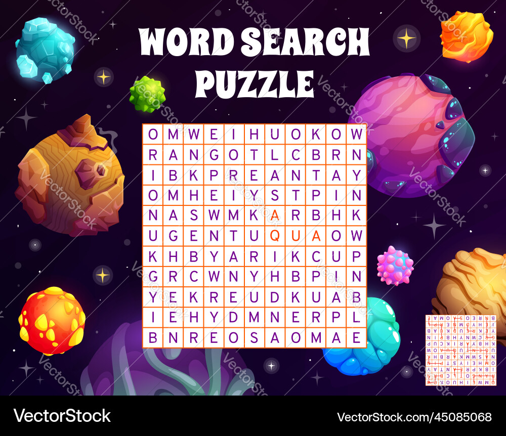 Cartoon space planets and stars word search puzzle