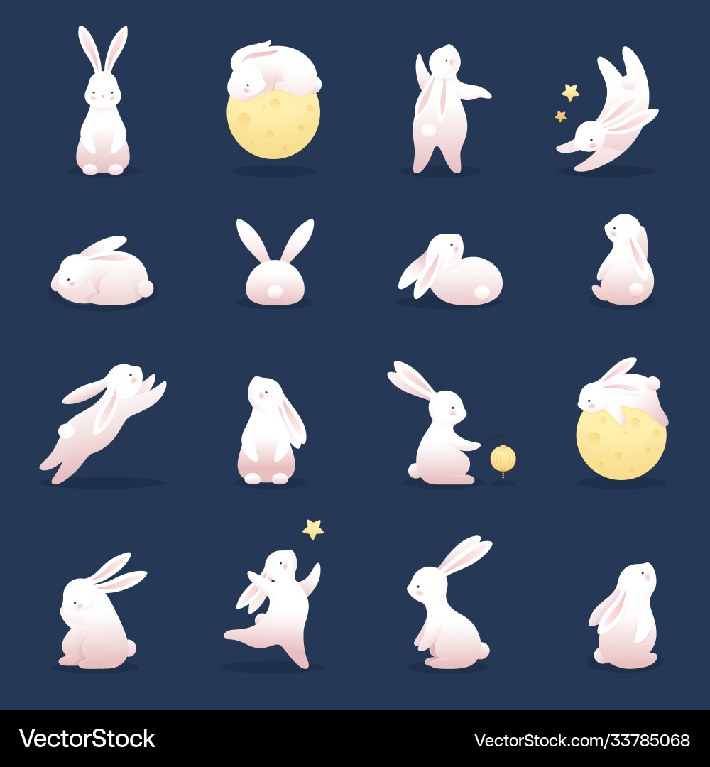 Happy rabbit set mid-autumn festival elements Vector Image