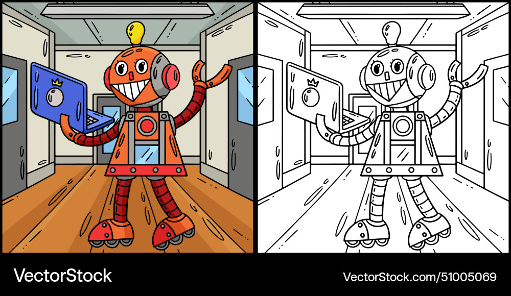Robot with a laptop coloring page Royalty Free Vector Image