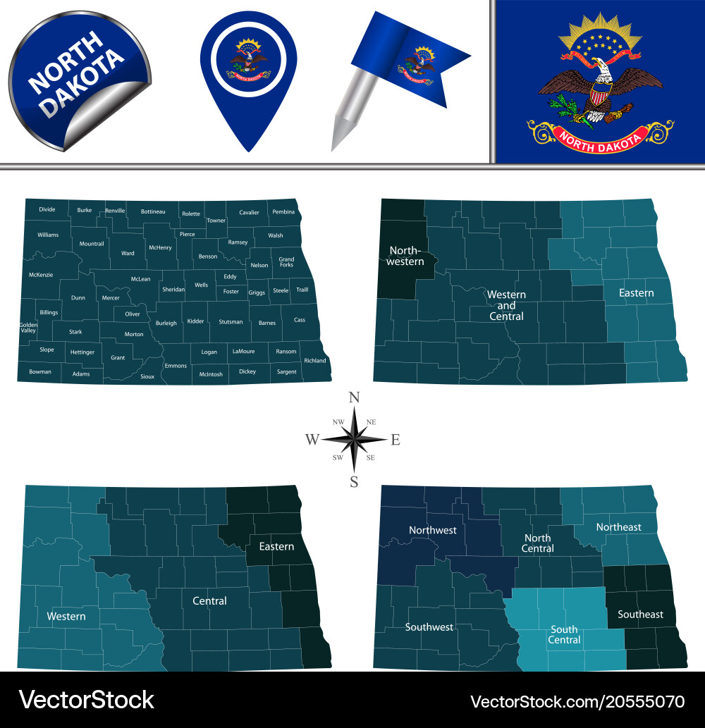 Map of north dakota with regions Royalty Free Vector Image