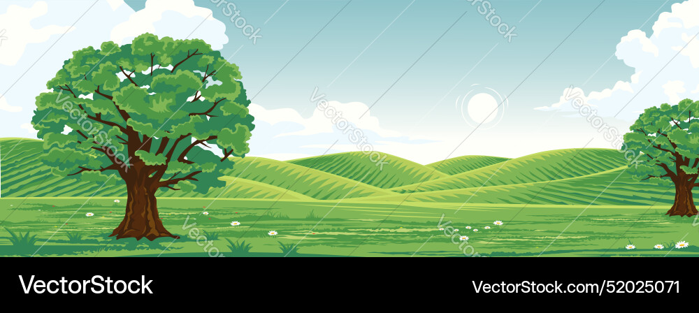 View of grass fields with trees and hills Vector Image