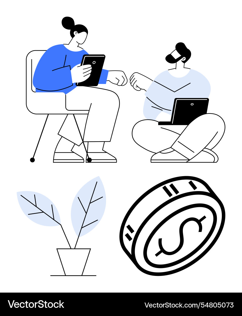 Two people collaborating with technology plant Vector Image