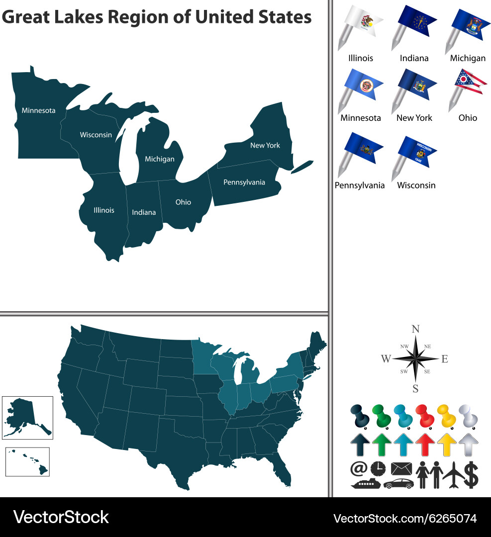 Great Lakes Map with Flags Royalty Free Vector Image