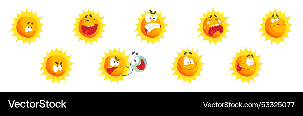 Funny sun character with rays and face emotion Vector Image