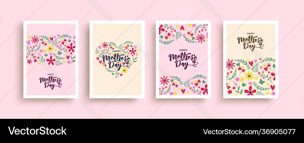 Happy mothers day pink flower heart card set Vector Image