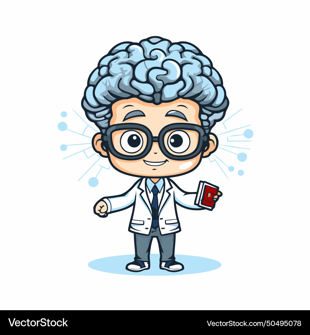Cartoon scientist with a brain on white Royalty Free Vector