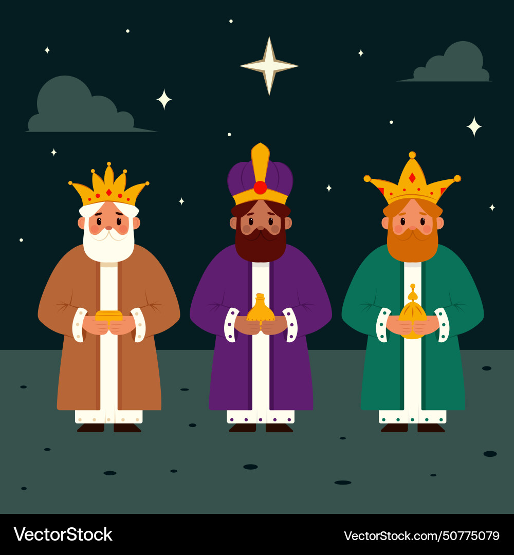 Three kings with gifts going to the light Vector Image