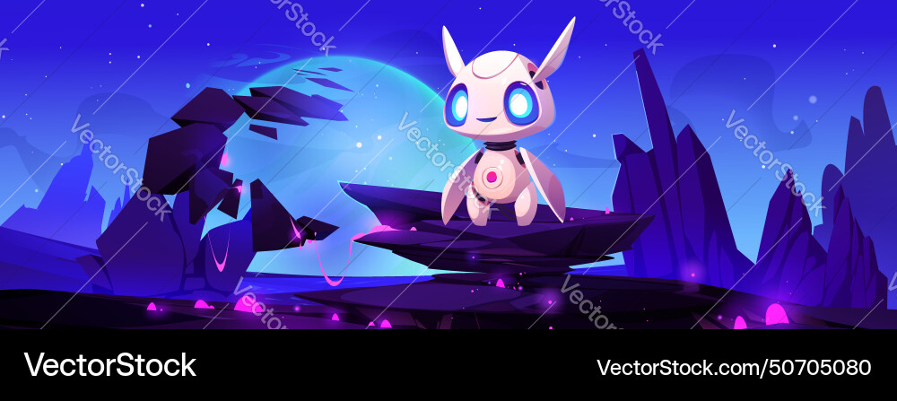 Alien planet landscape with cute robot astronaut Vector Image