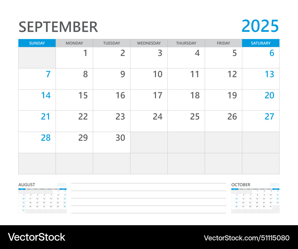 September 2025 year calendar planner Royalty Free Vector