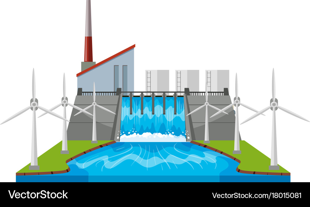 Dam and wind turbines by the river Royalty Free Vector Image