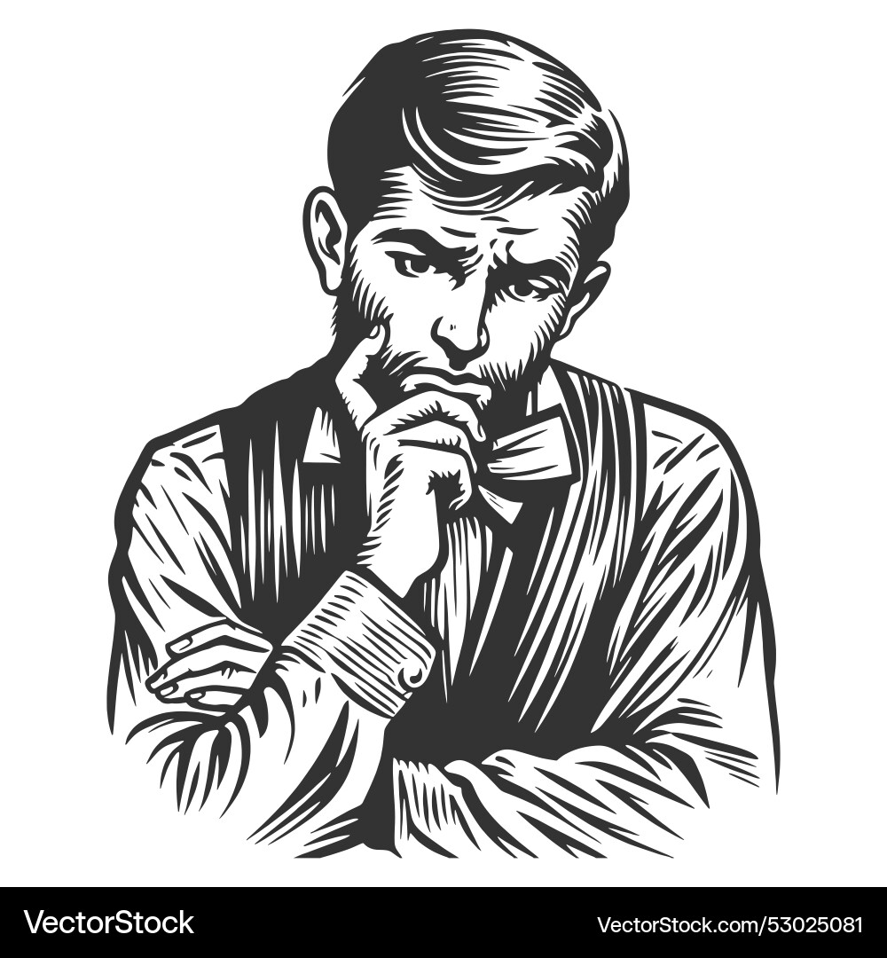 Pensive man engraving sketch Royalty Free Vector Image