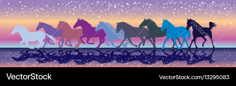 Background with horses galloping in the sunset Vector Image