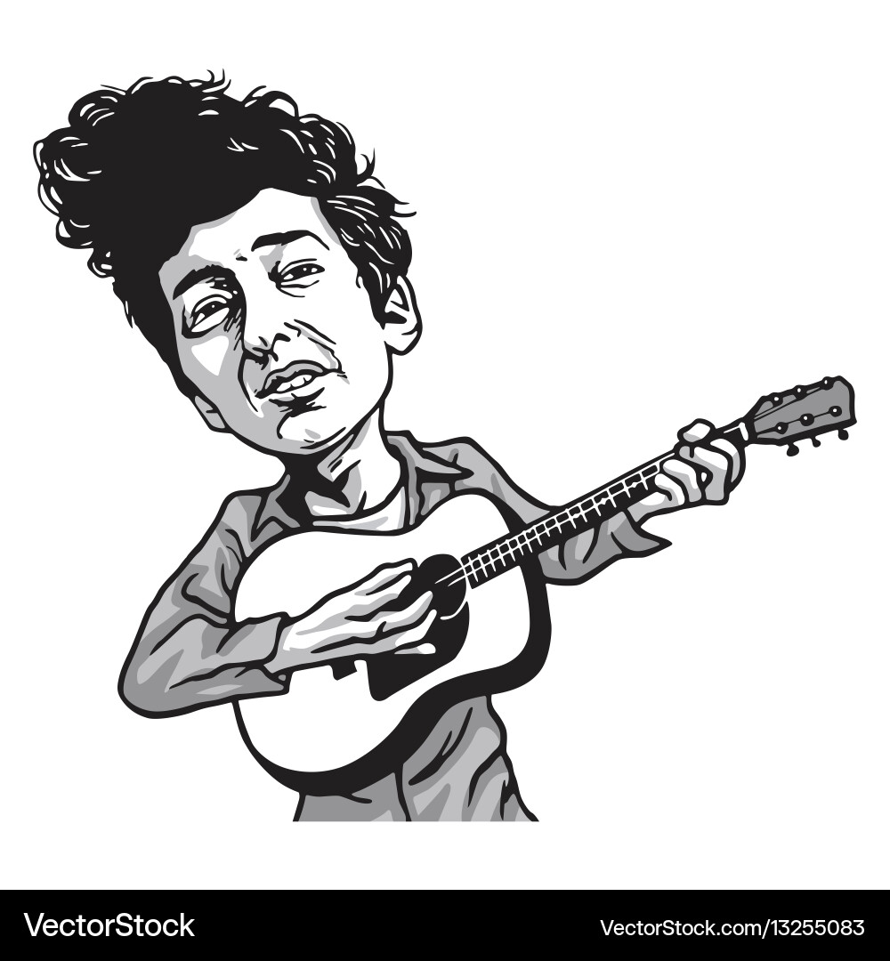 Bob dylan cartoon playing guitar black and white Vector Image