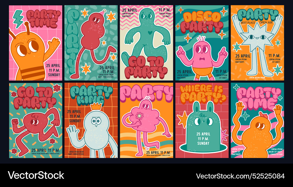 Comic character party posters cartoon abstract Vector Image