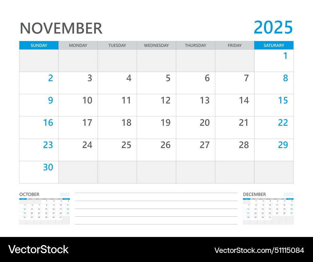 November 2025 year calendar planner Royalty Free Vector