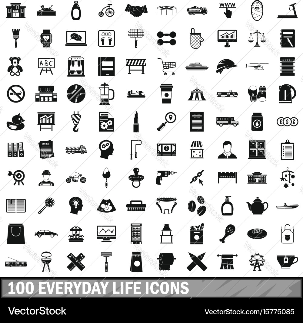 100 everyday life icons set simple style Vector Image
