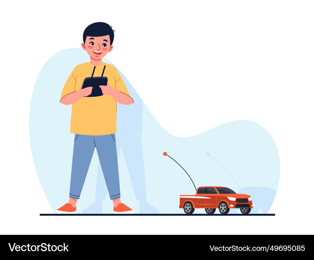 Boy drives remote controlled toy car little Vector Image