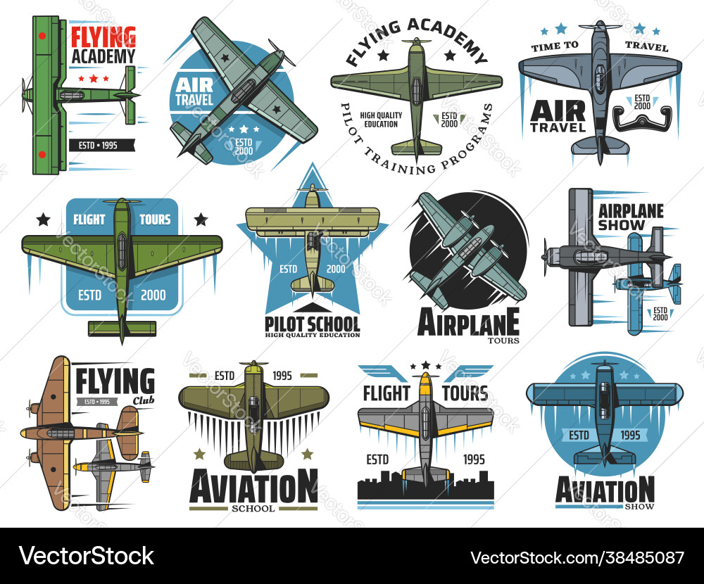 Flight school icons aviators academy labels Vector Image