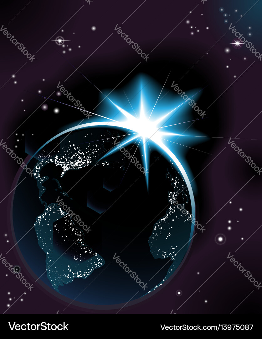 Sun rising over night time planet earth Royalty Free Vector