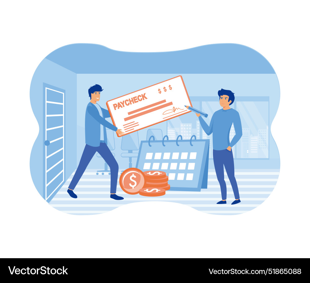 Pay check concept man carry huge paycheck Vector Image