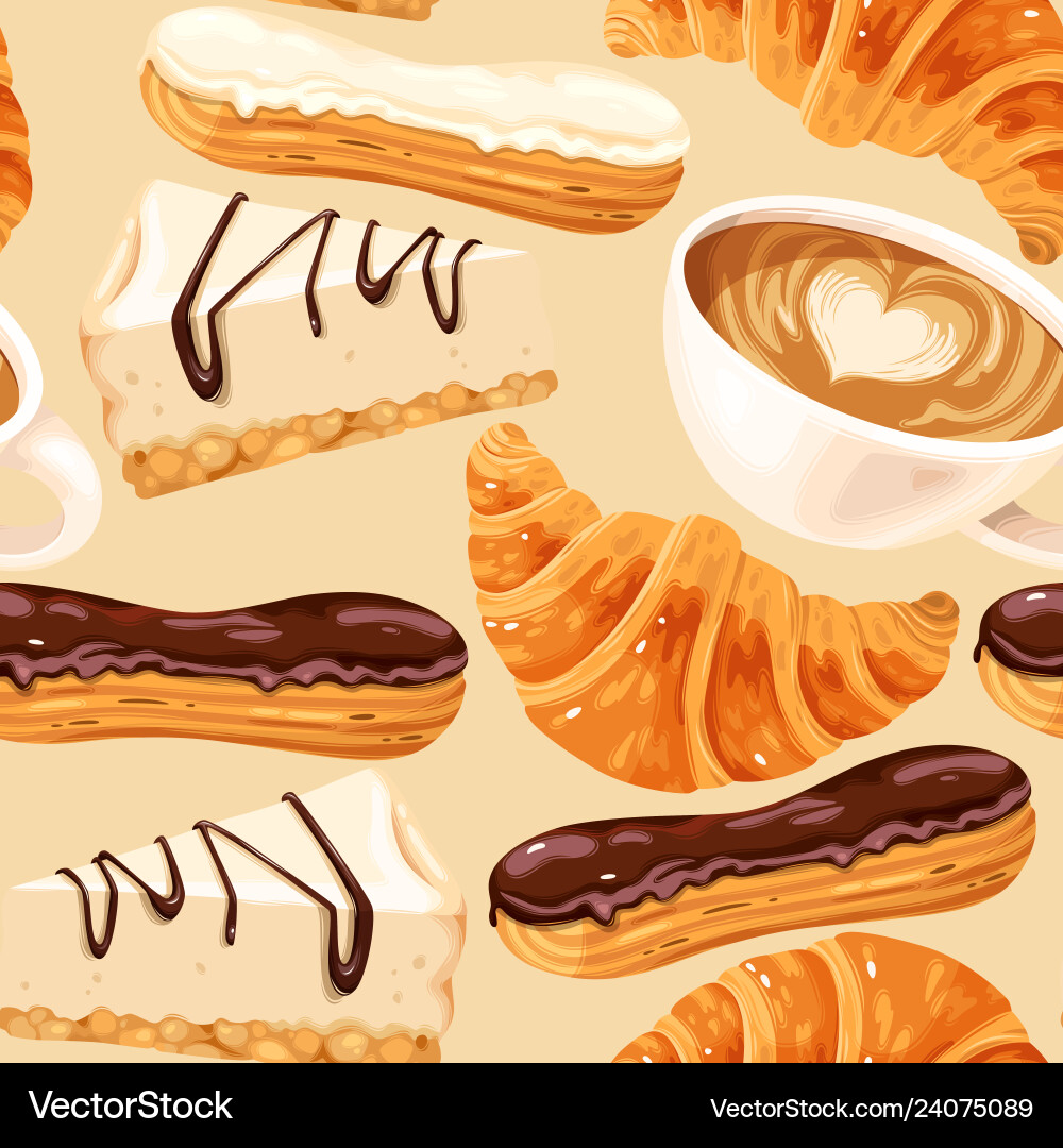 Coffee & Eclair Seamless Pattern Royalty Free Vector