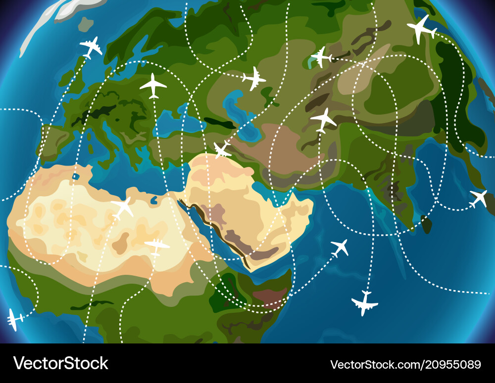 World map with aircraft paths Royalty Free Vector Image
