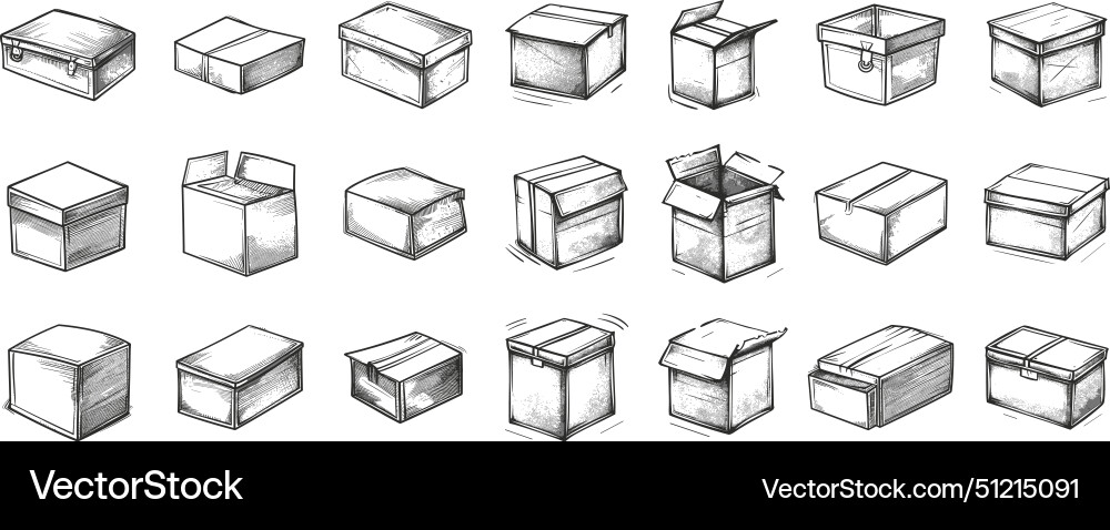 Line sketch cardboard boxes set engraved cases Vector Image