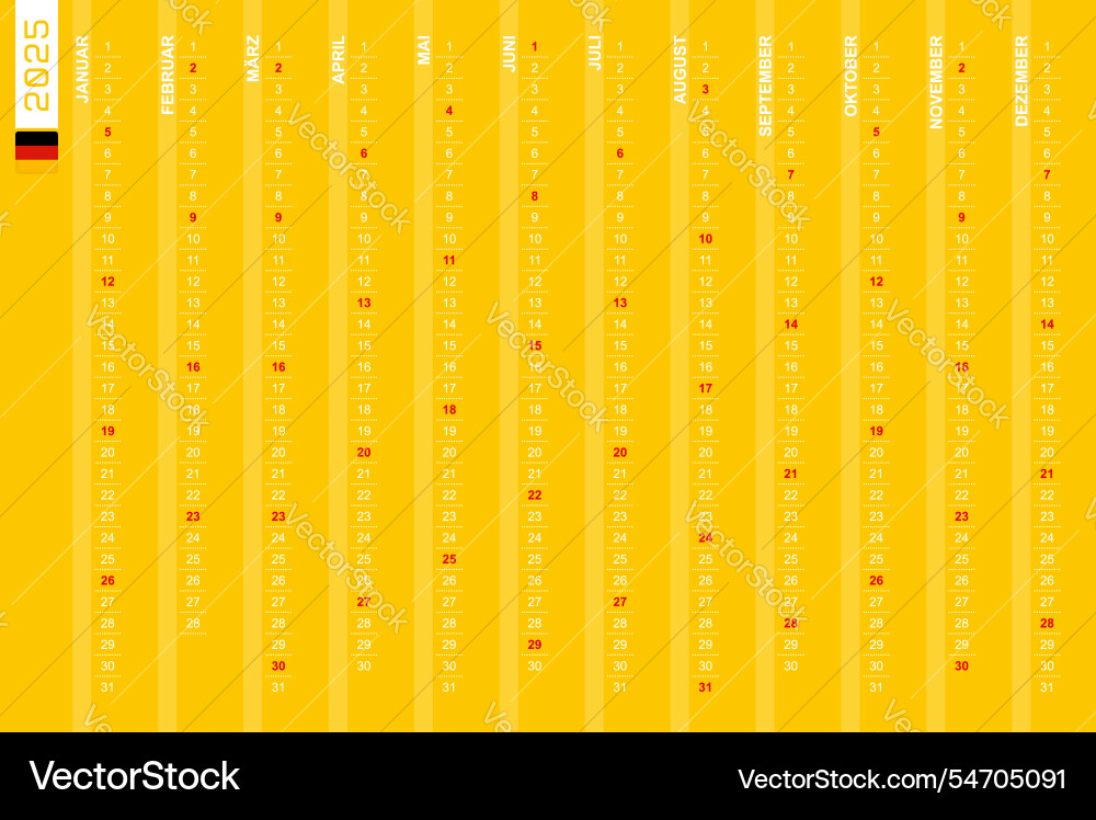 One-row vertical calendar for the year 2025 Vector Image