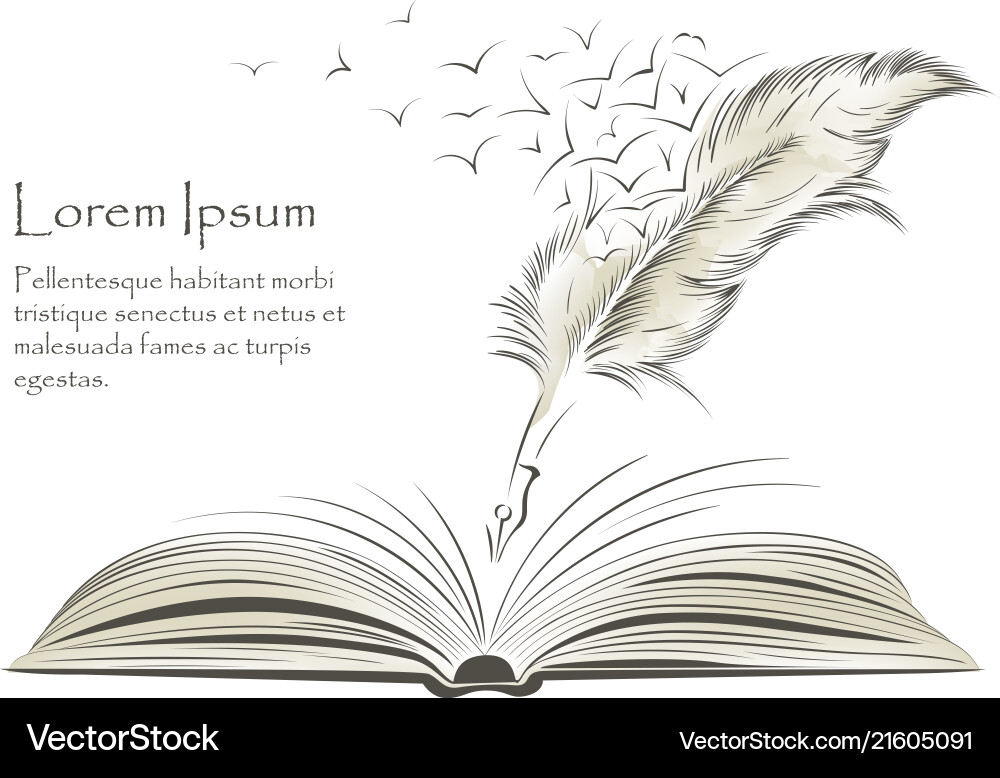 Writing feather paint with flying birds and book Vector Image