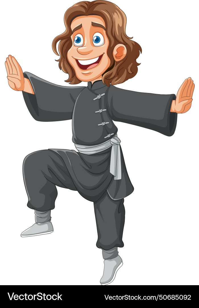 Animated character practicing martial arts happily