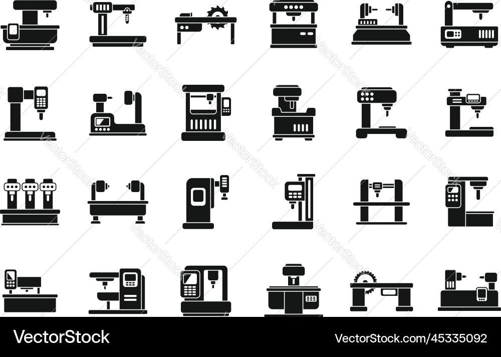 Cnc machine icons set simple mill Royalty Free Vector Image