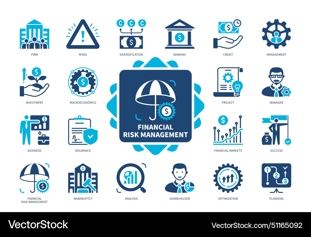 Financial risk management solid icon set Vector Image