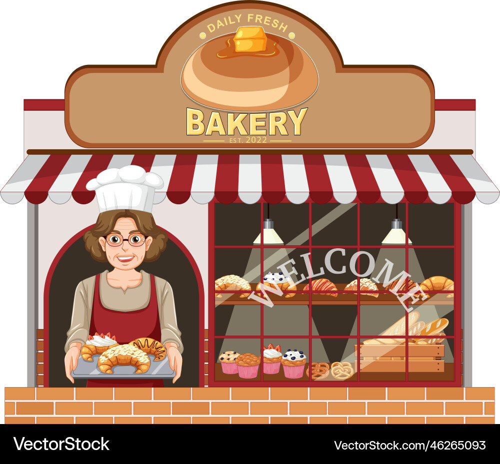 Bakery shop facade with baker woman Royalty Free Vector