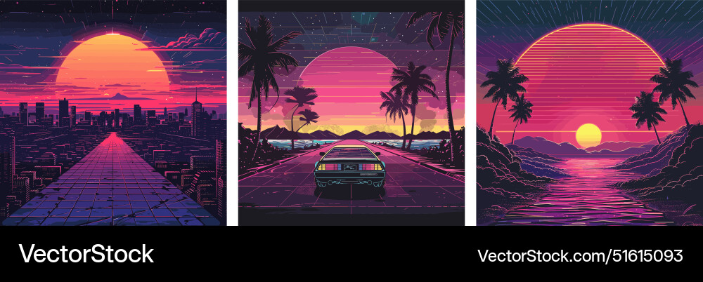 Synthwave posters retro futuristic abstract Vector Image
