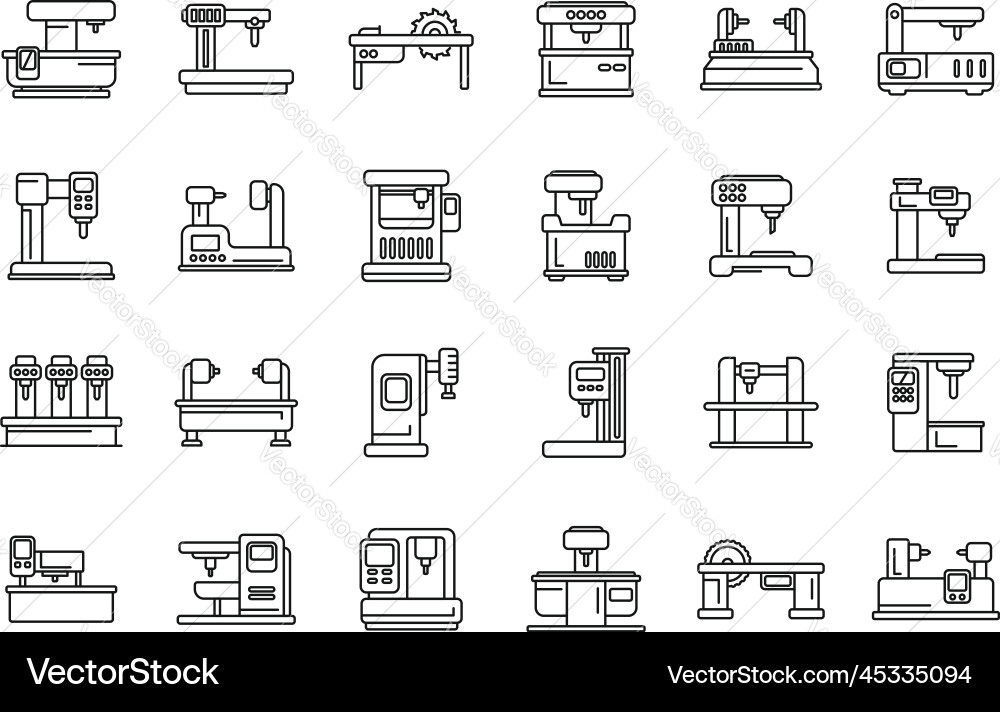 Cnc machine icons set outline mill Royalty Free Vector Image