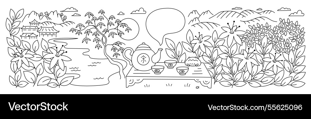 Line drawn landscape traditional tea Royalty Free Vector