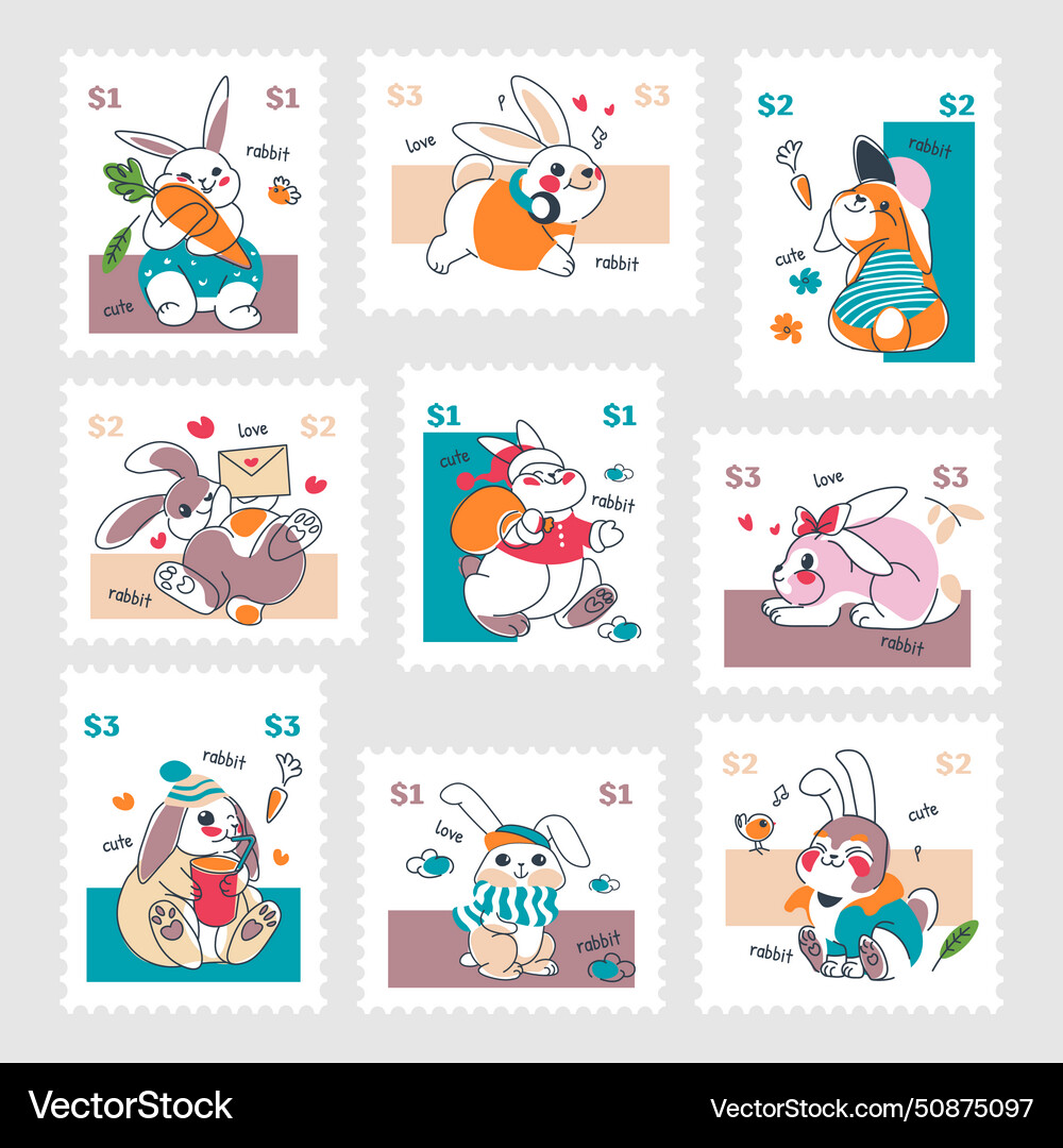 Colorful post mark design set with cute bunny Vector Image