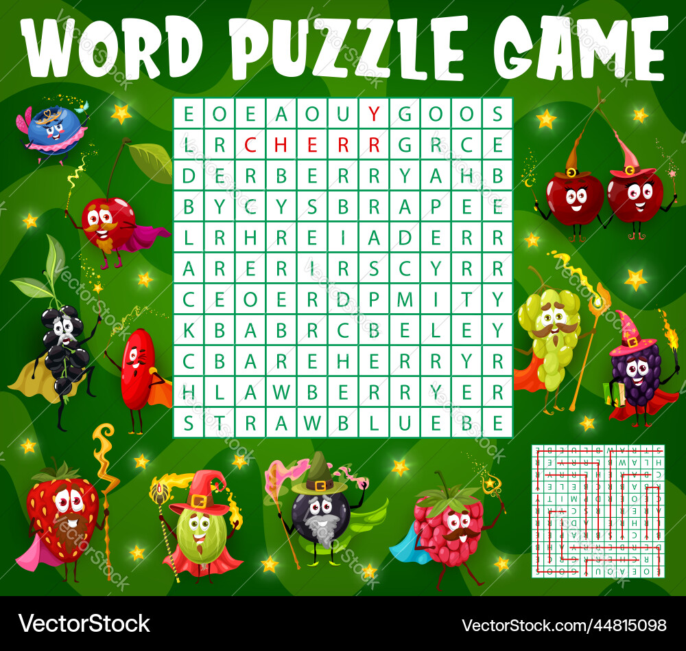 Berry wizard characters on word search game puzzle