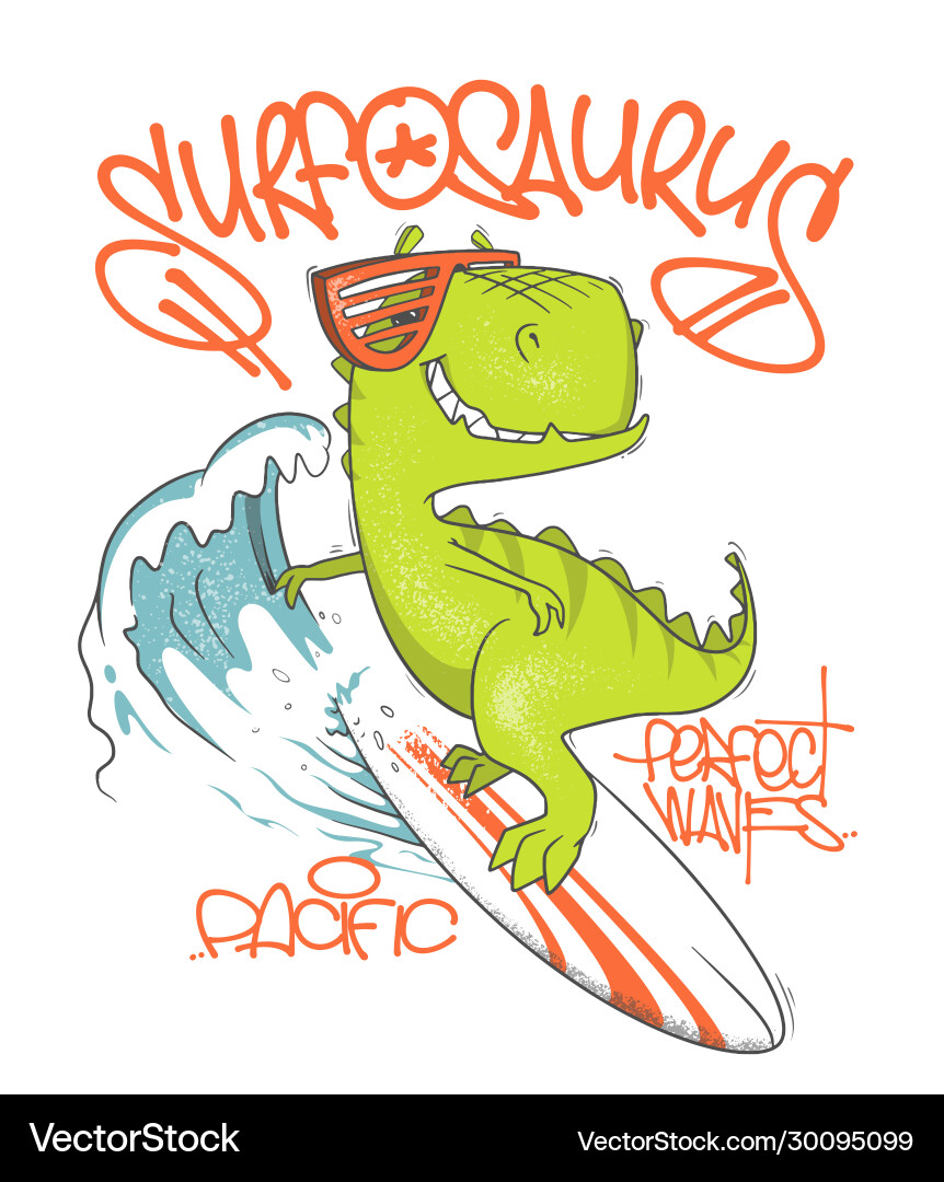 Dinosaur surfer ride wave on surfboard Royalty Free Vector