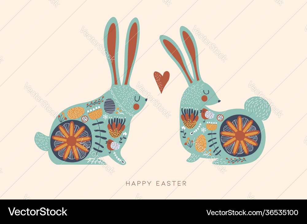 Happy easter cute folk rabbit cartoon card Vector Image