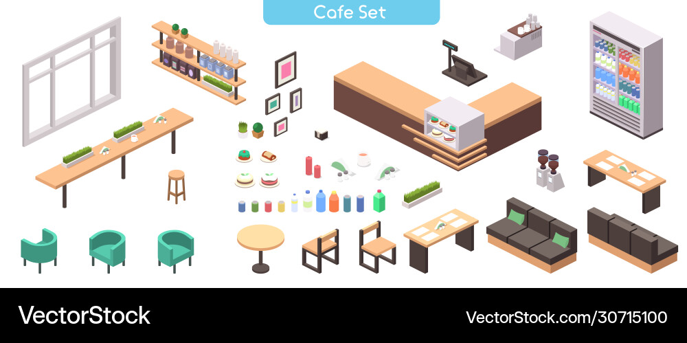 Realistic isometric cafe set Royalty Free Vector Image