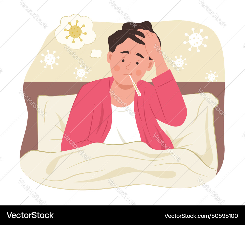 Sick man taking temperature by thermometer Vector Image